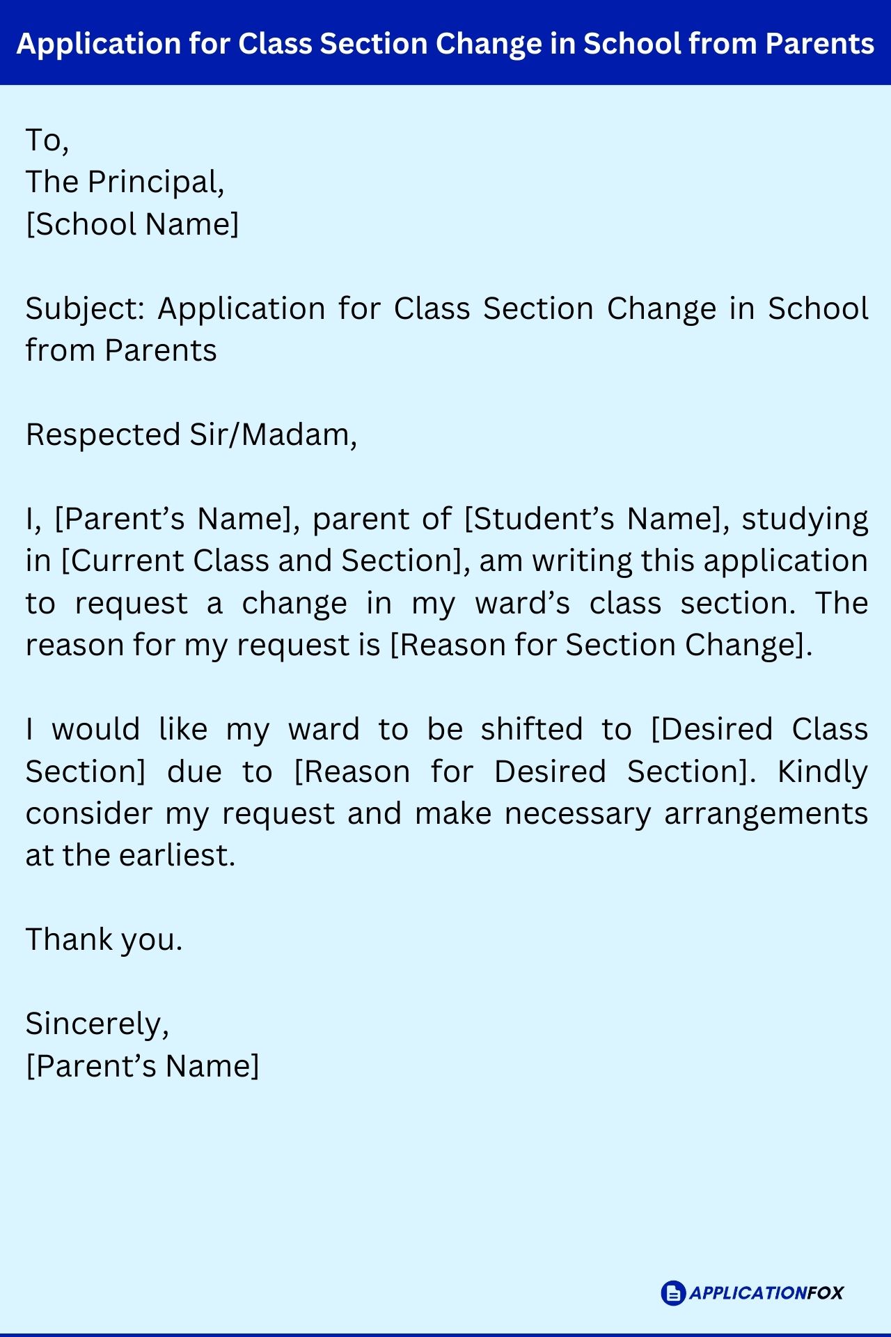 (7+Samples) Application for Section Change in School