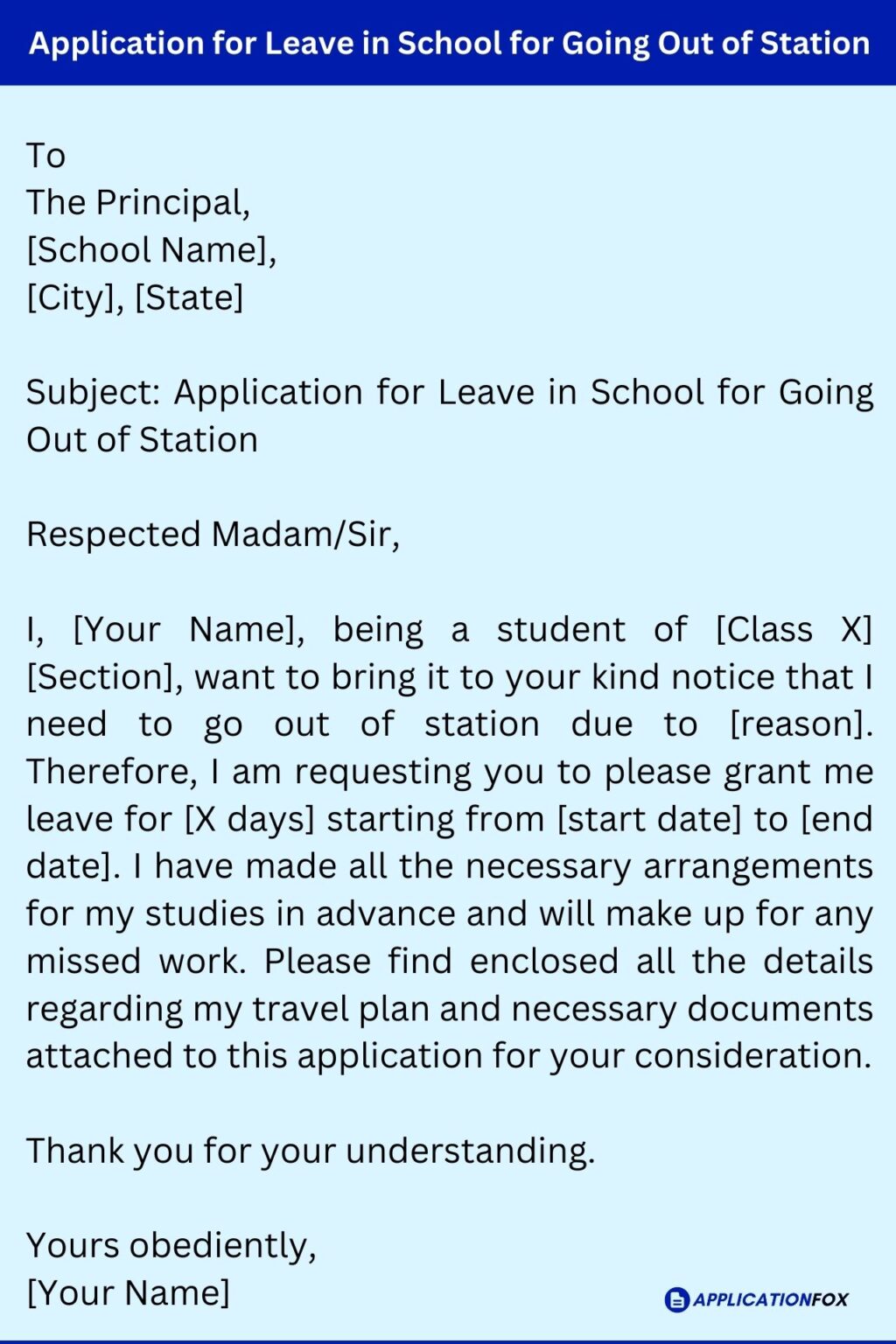 Leave Application for School Student for Going Outstation