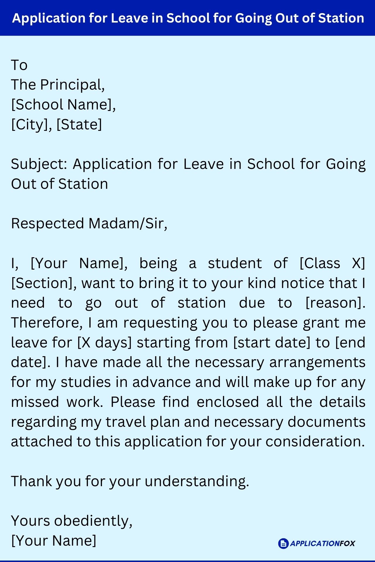 Leave Application for School Student for Going Outstation
