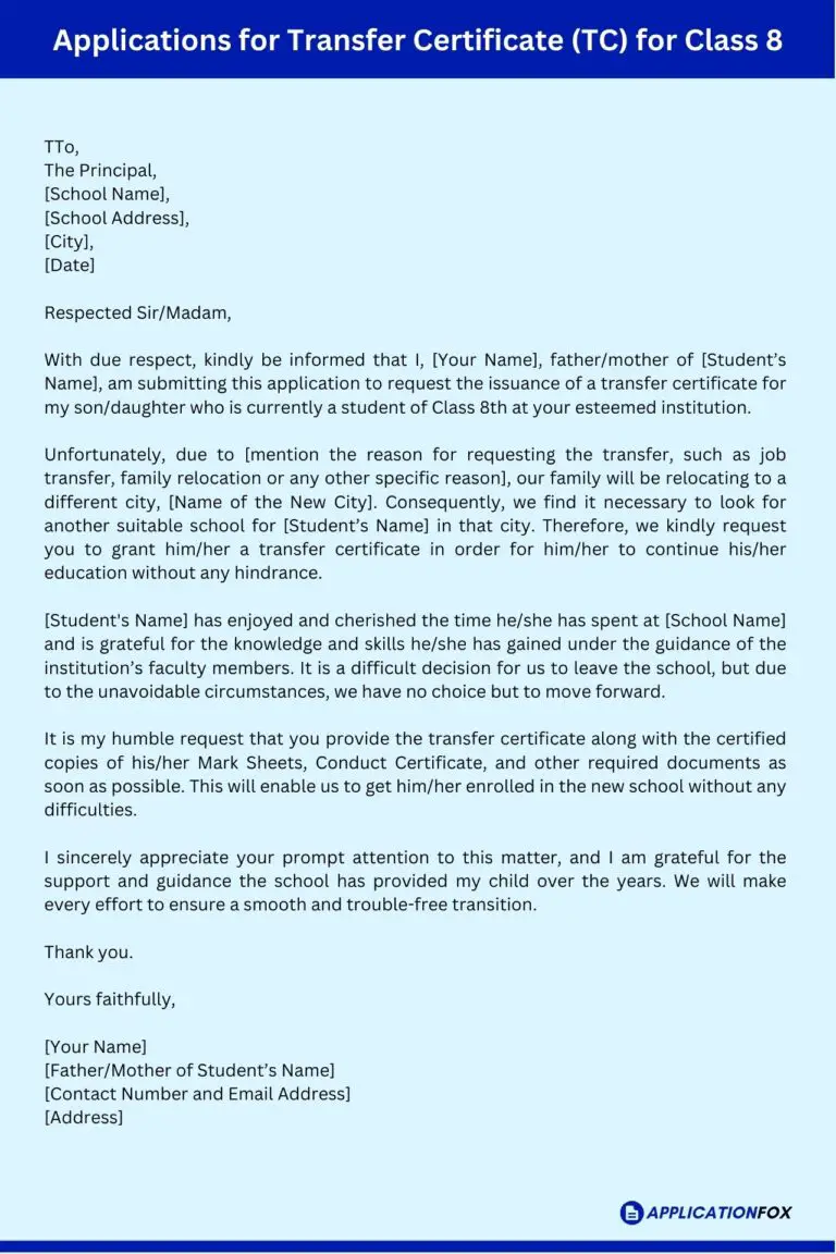 Applications for Transfer Certificate (TC) for Class 8-Format and Samples - ApplicationFox