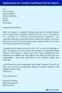 Applications for Transfer Certificate (TC) for Class 8-Format and Samples - ApplicationFox