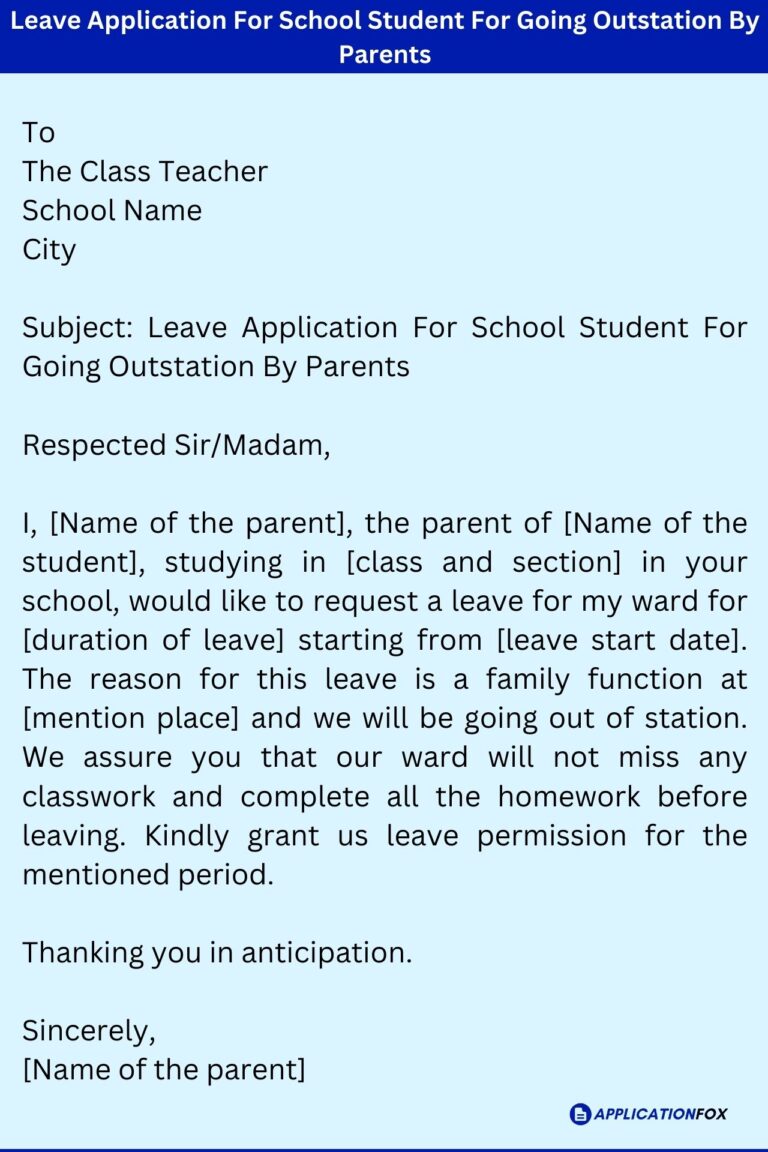 Leave Application for School Student for Going Outstation