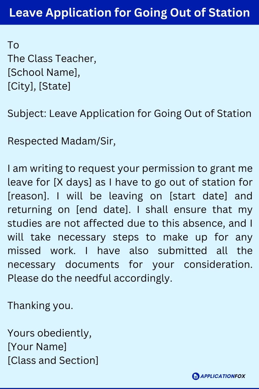 Leave Application for School Student for Going Outstation
