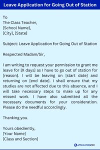Leave Application for School Student for Going Outstation