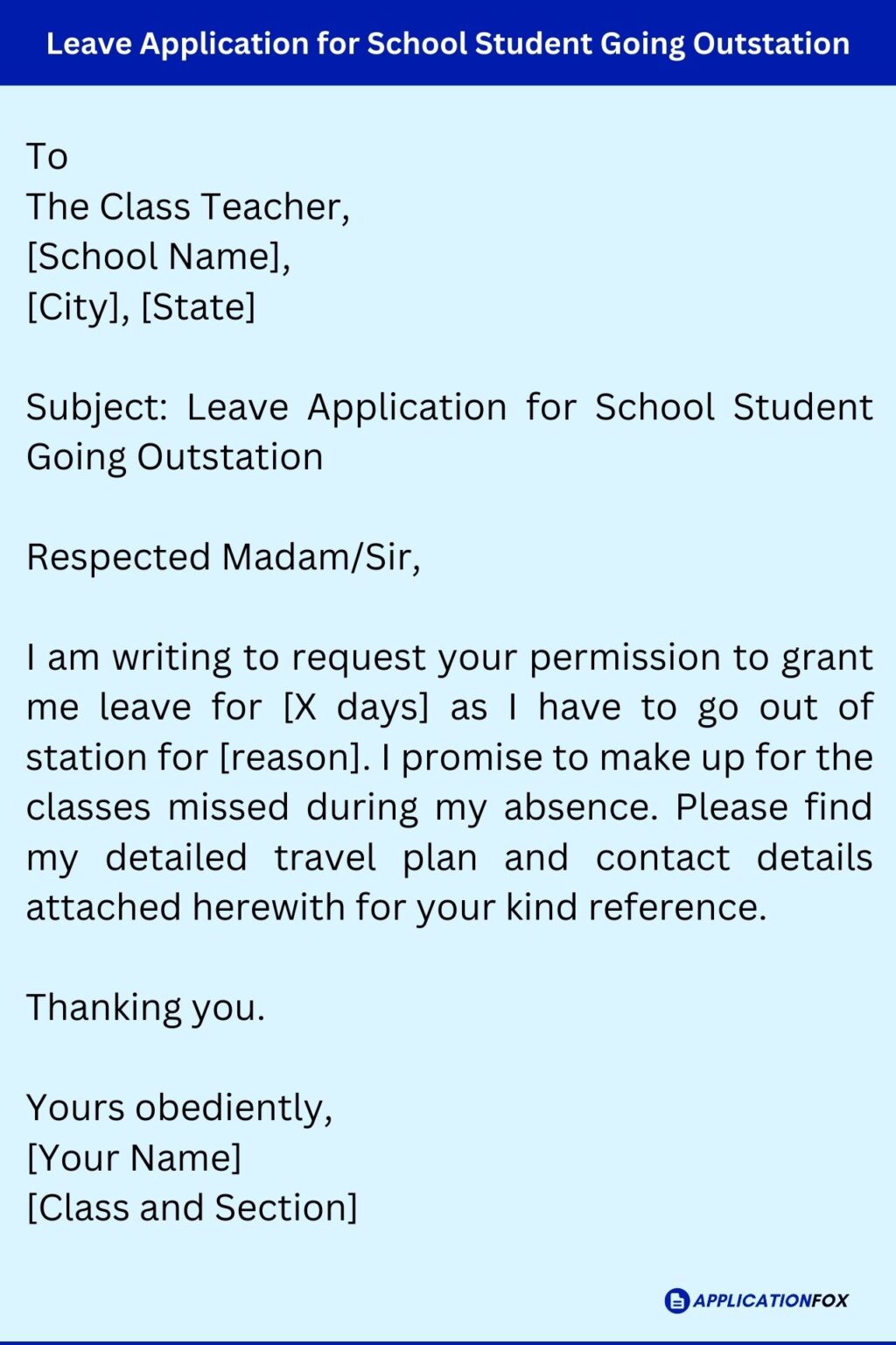 Leave Application for School Student for Going Outstation