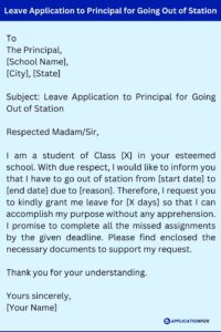 Leave Application for School Student for Going Outstation