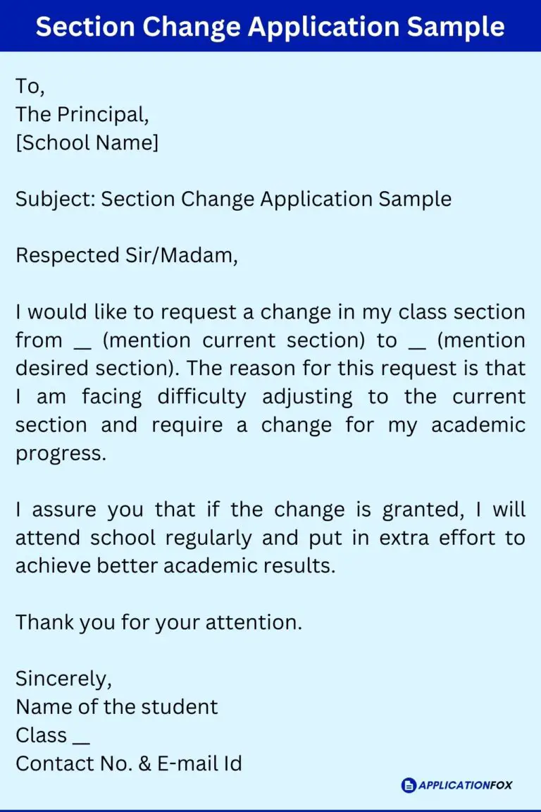 (7+Samples) Application for Section Change in School