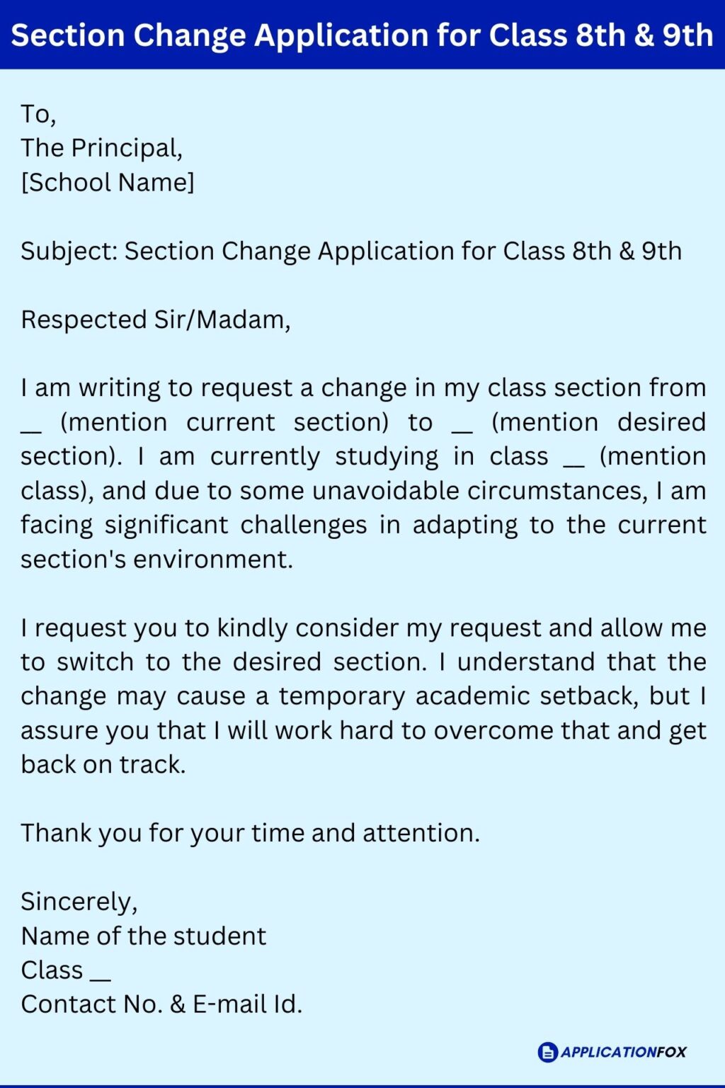 (7+Samples) Application for Section Change in School