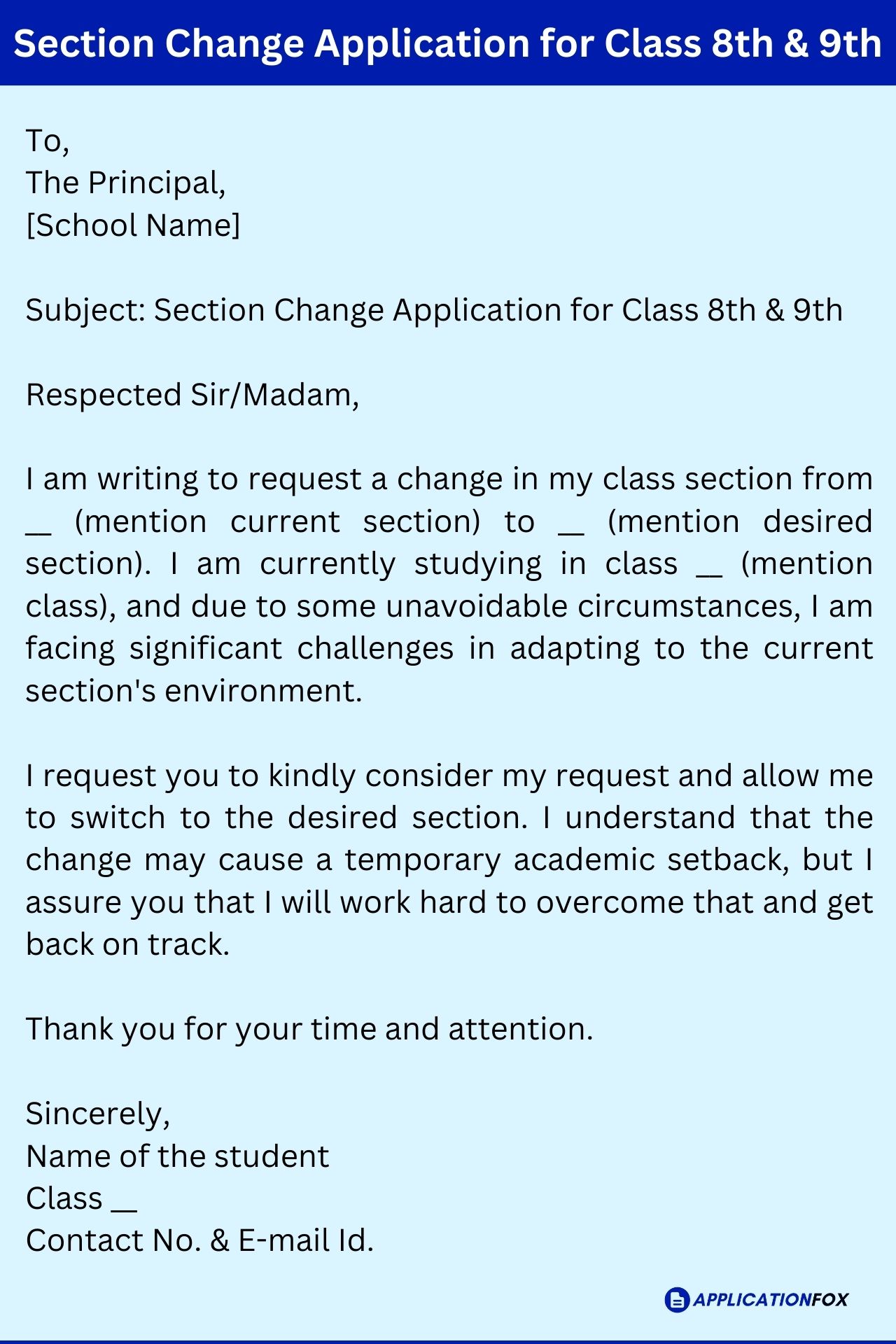 (7+Samples) Application for Section Change in School
