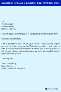 (7 Samples) Application for Leave in School for 1 Day