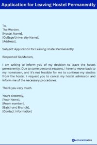 (5 Samples) Application for Hostel Leave
