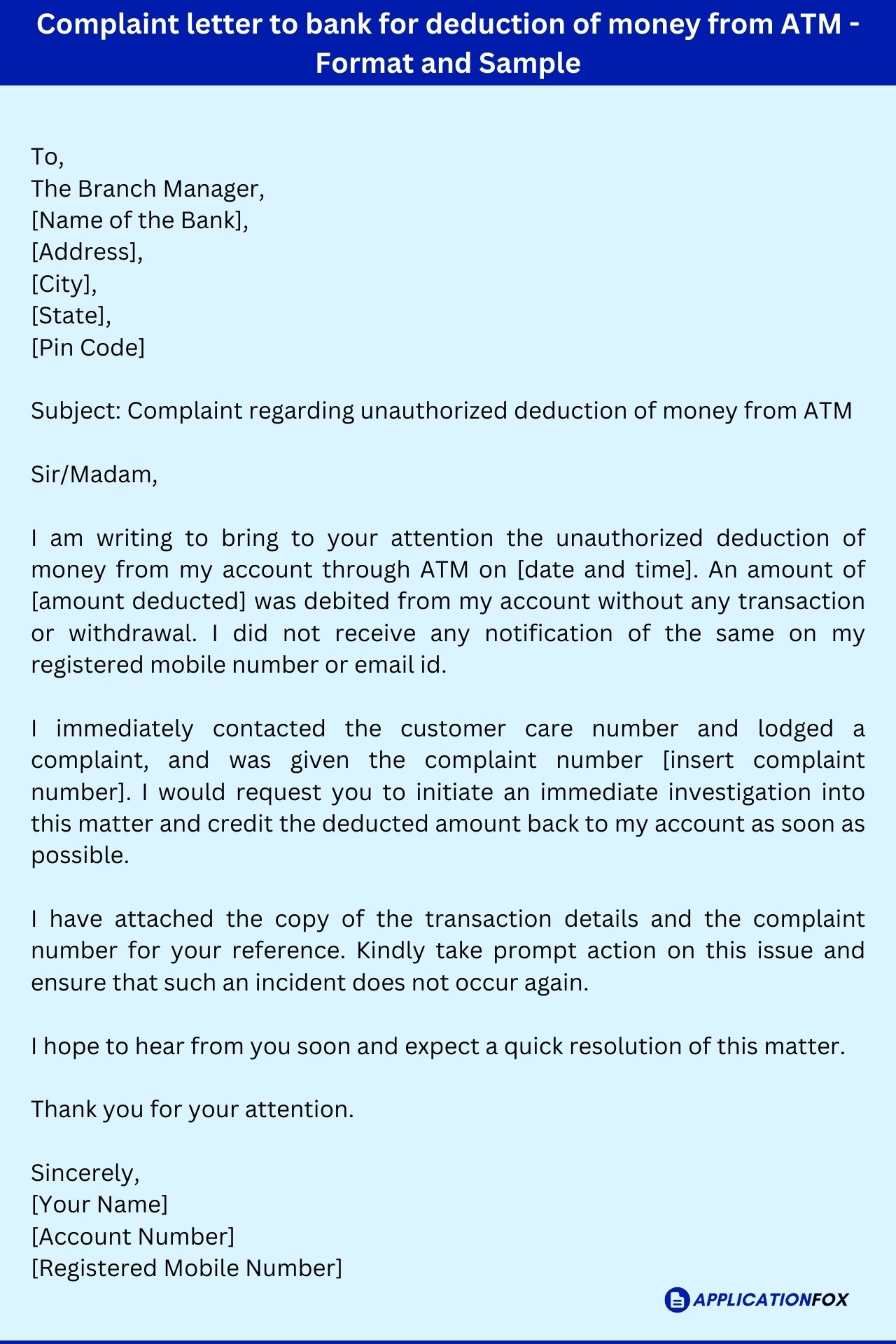 (8+) Application to the Bank Manager for Refund of Money