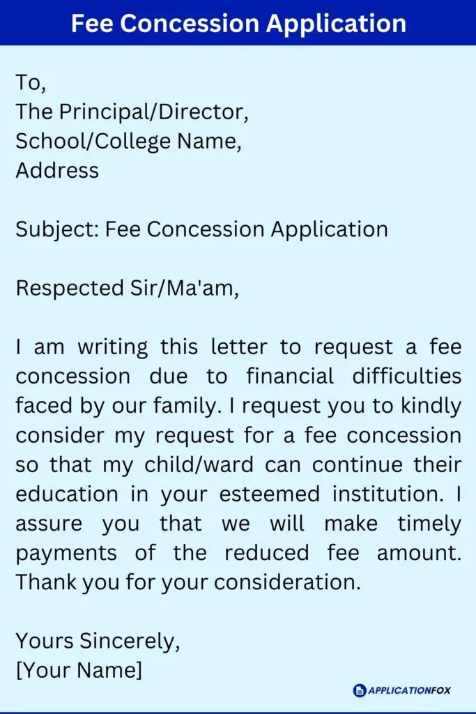 Application for Fee Concession Due to Financial Problems