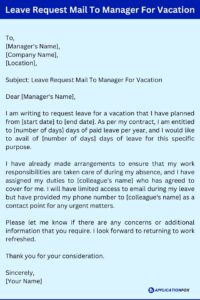 (7 Samples) Leave Request Mail to Manager for Vacation