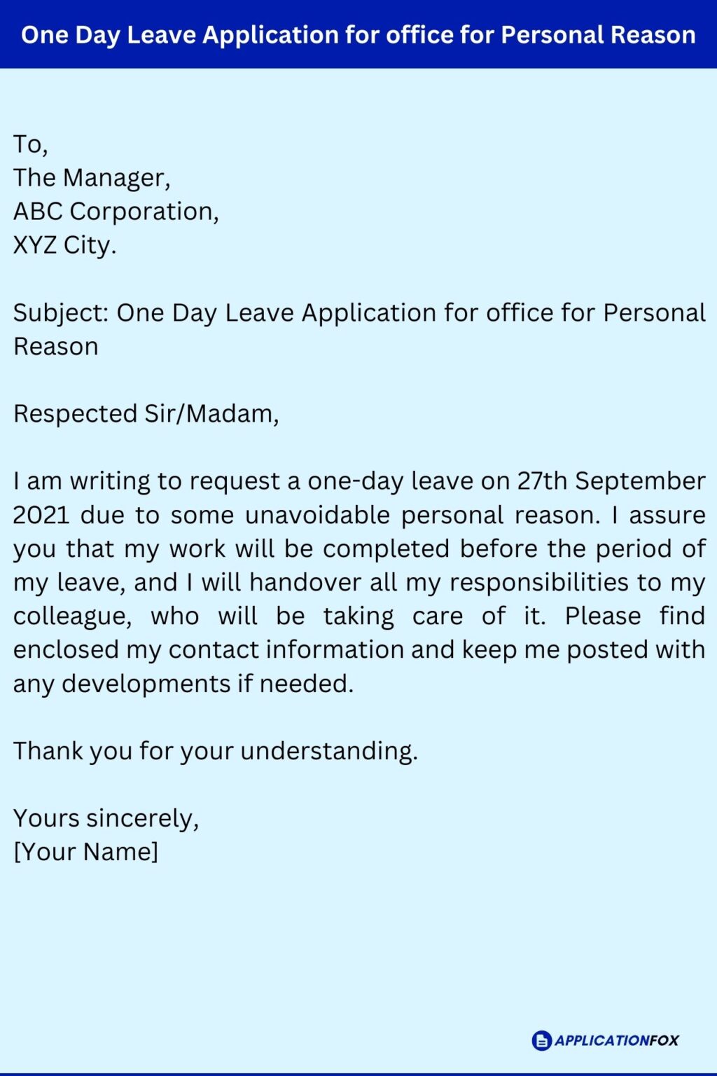 (5+ Samples) One Day Leave Application for Office