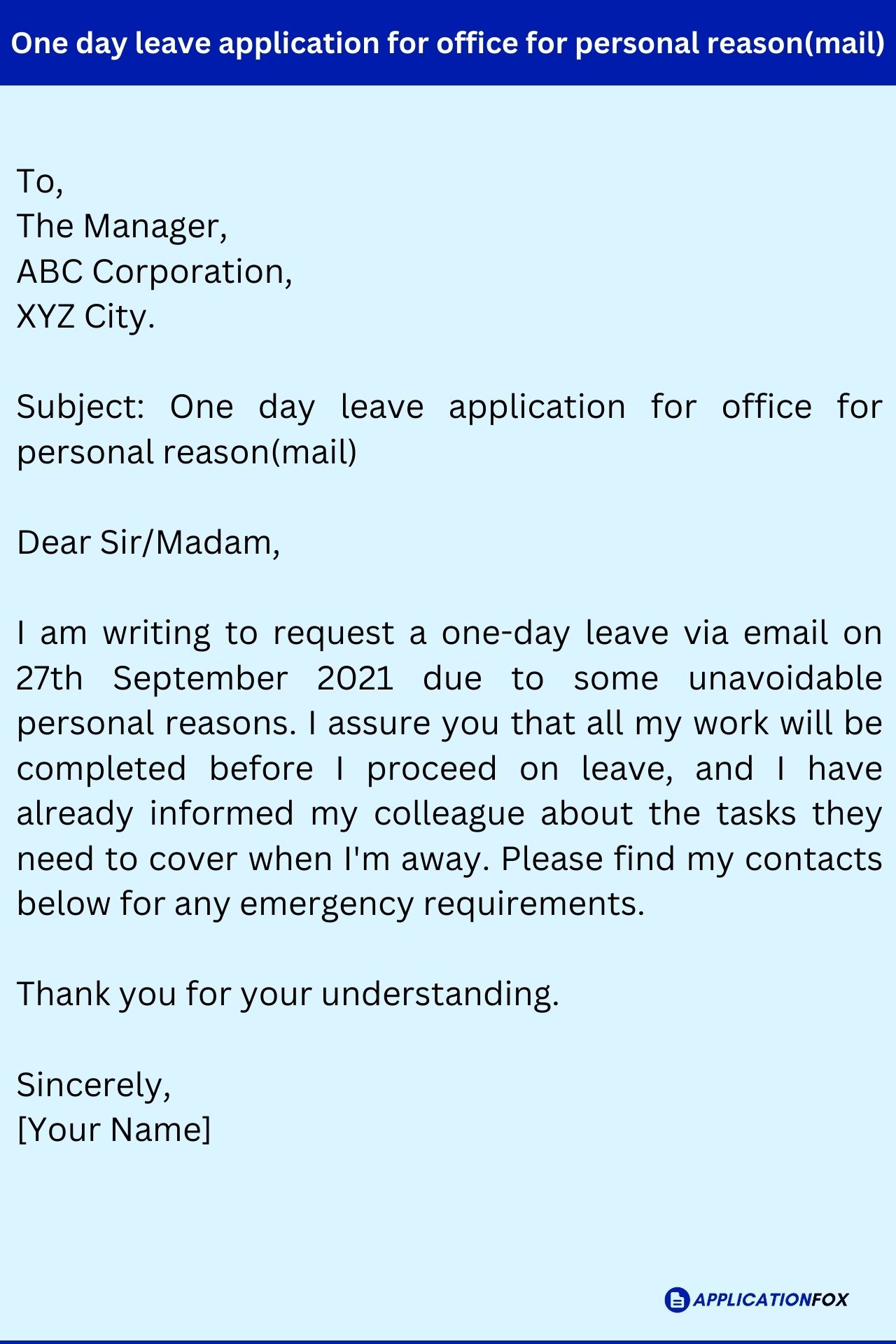 (5+ Samples) One Day Leave Application for Office
