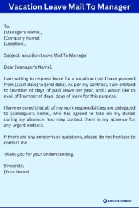 (7 Samples) Leave Request Mail to Manager for Vacation