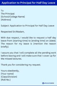 (3 Samples) Half Day Leave Application to Principal