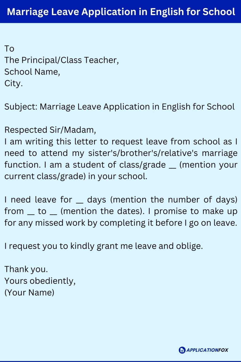 (13 Samples) Application for leave in School for Marriage
